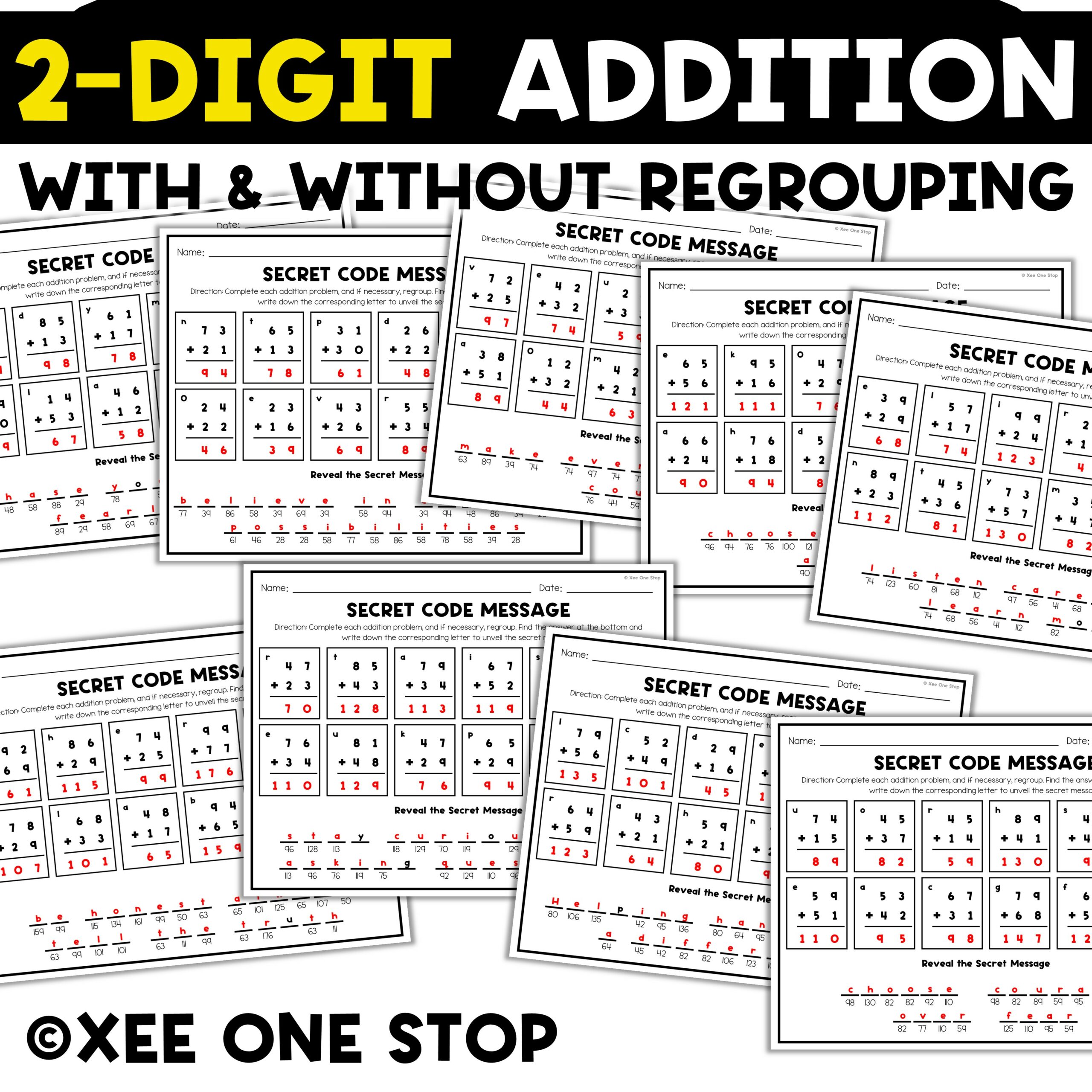 2-Digit Addition With and Without Regrouping Motivational Secret Code ...