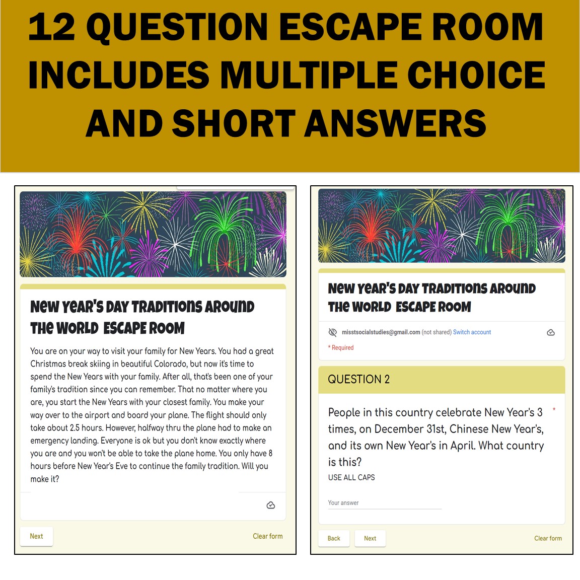 New Year Around the World Social Studies Activity: Escape Room and Map ...