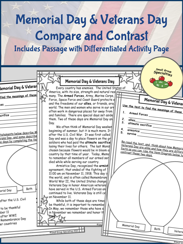 Veterans Day and Memorial Day - Compare and Contrast - Differentiated ...
