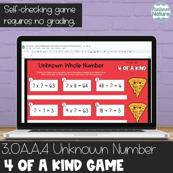 3.OA.A.4 Unknown Whole Number in Equations - 4 of a Kind Game ...
