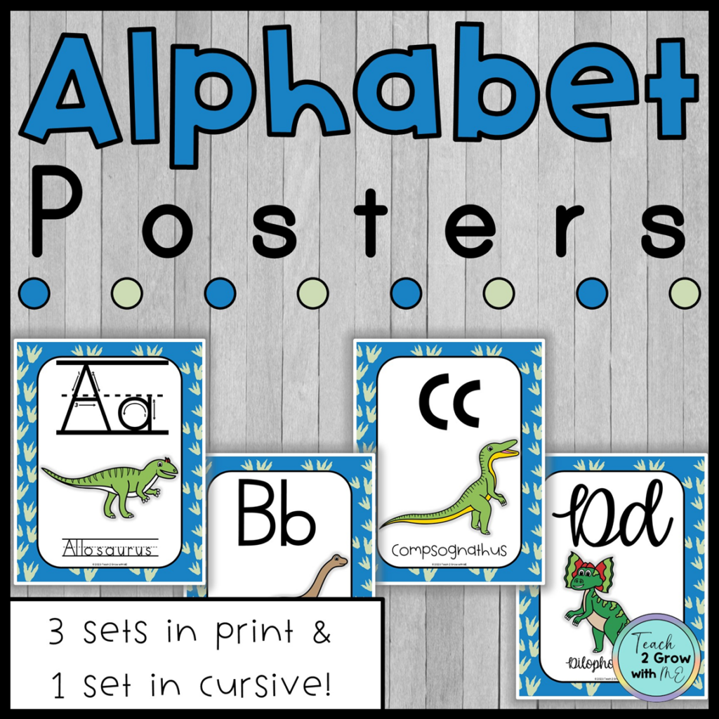 Alphabet Posters Dinosaurs A-Z with Footprints Blue Border Classroom ...