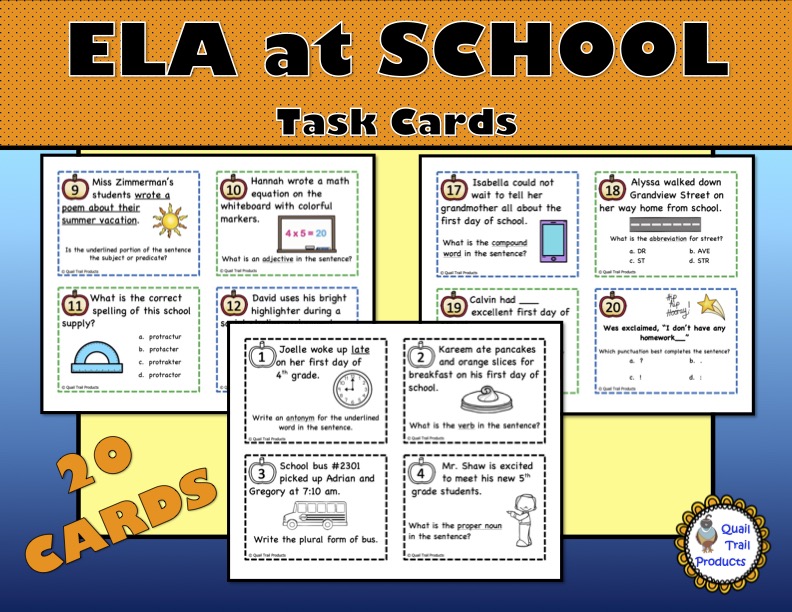 ELA at School Task Cards | Back to School | Made By Teachers