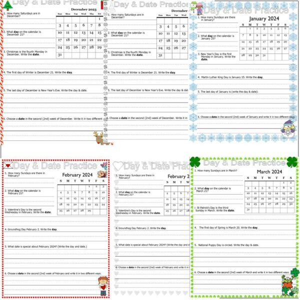 Calendar Practice Worksheets School Year 2023 - 2024 = 12 Months & Year ...
