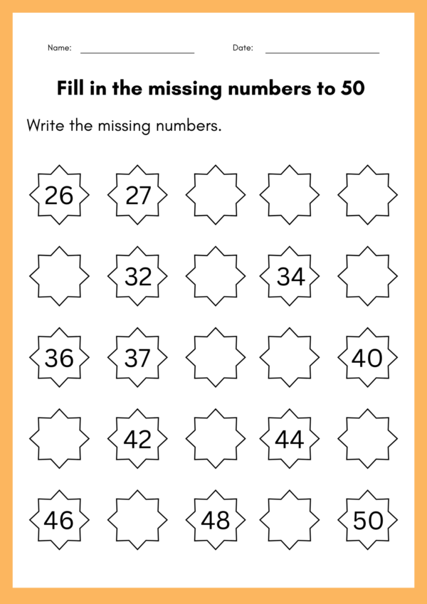 fill in the missing numbers to 50 worksheet - kindergarten numbers 1 to ...