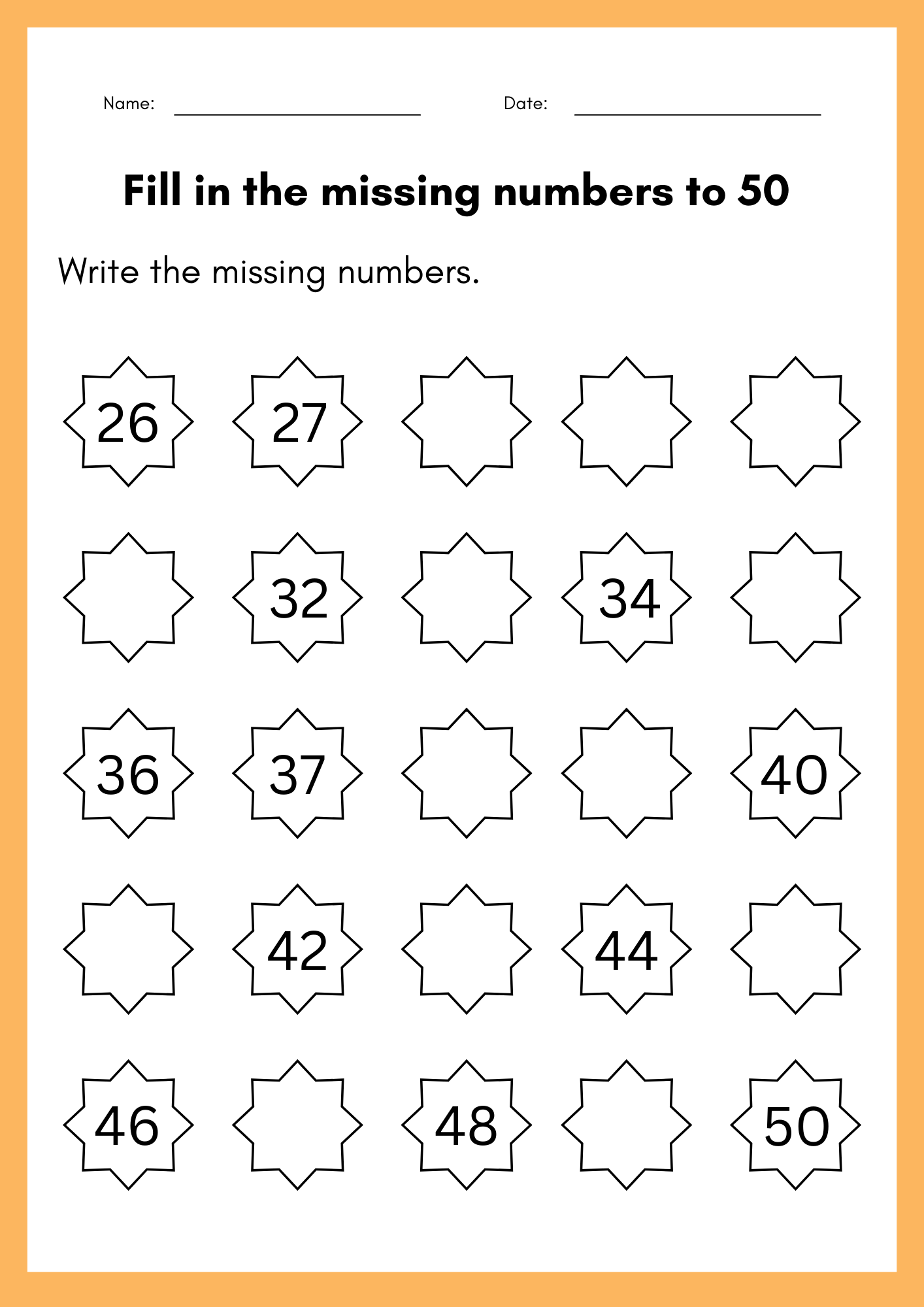 fill in the missing numbers to 50 worksheet - kindergarten numbers 1 to ...