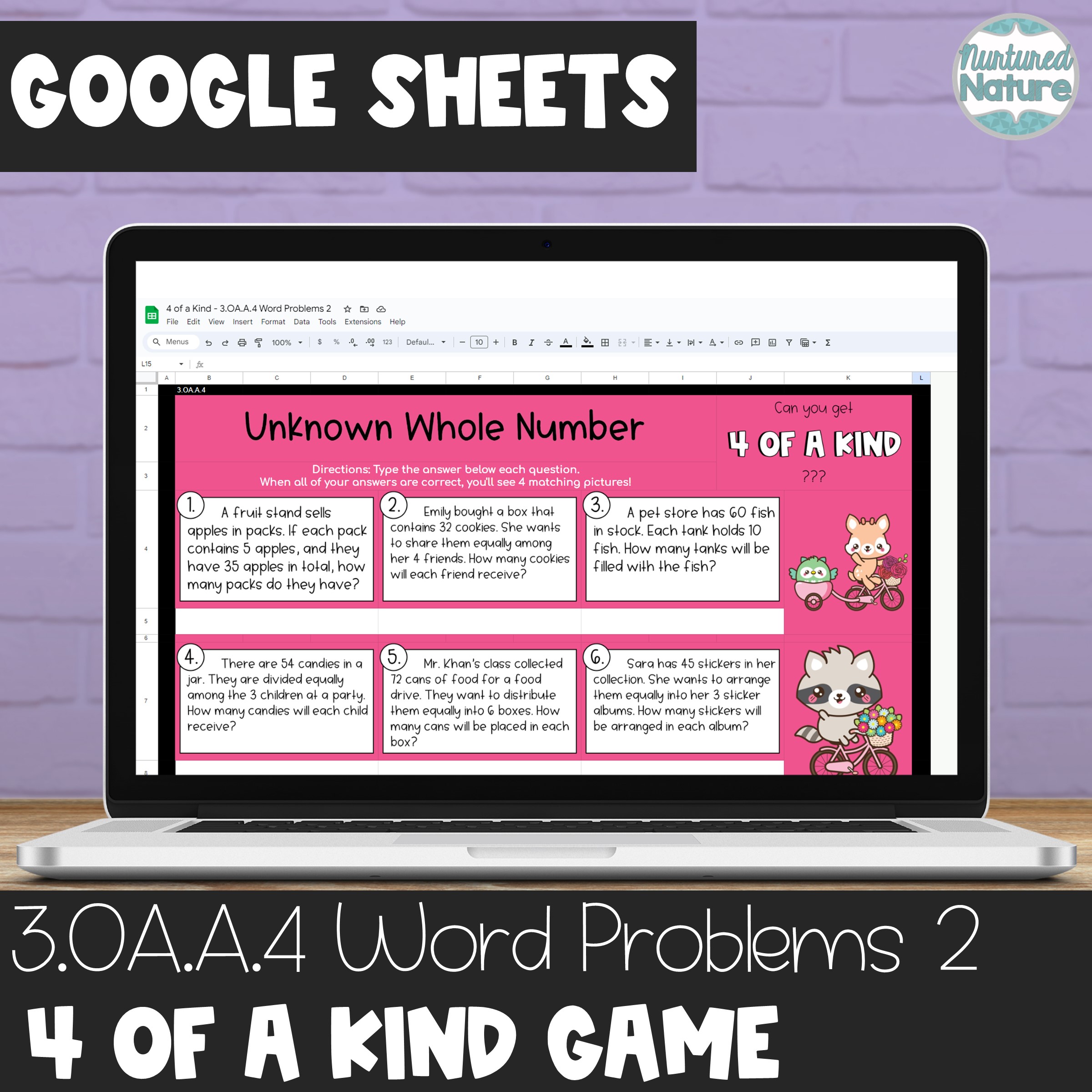3.OA.A.4 Unknown Numbers in Word Problems - 4 of a Kind Game 2 ...