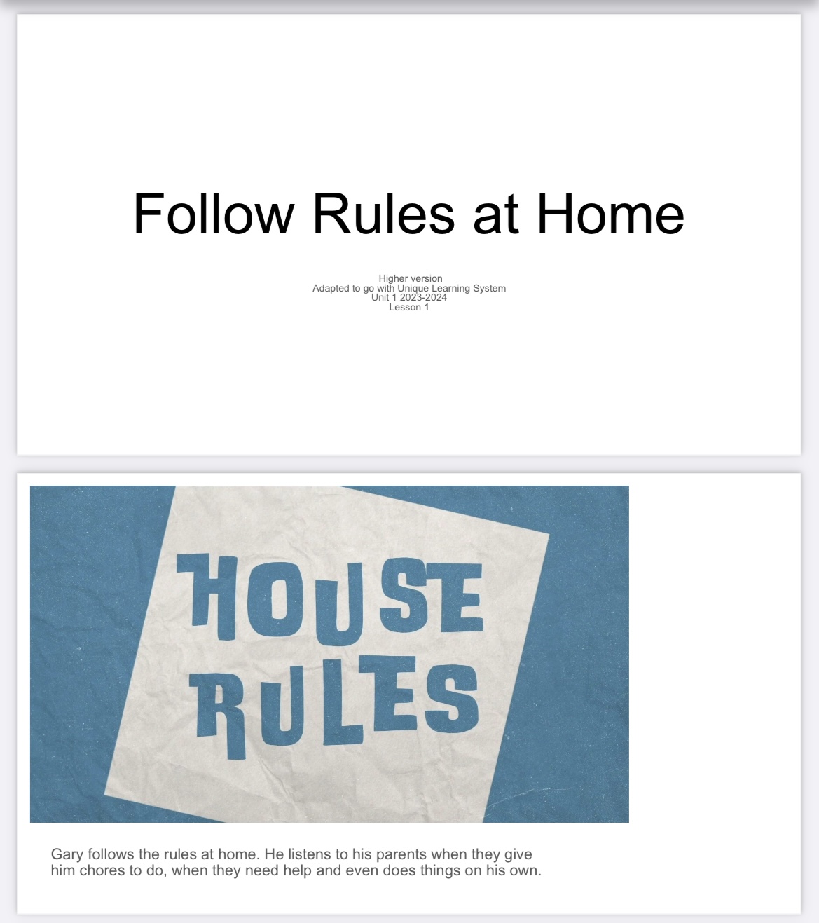 Follow Rules at home Unique Learning supplement lesson 1 2023-2024 unit ...