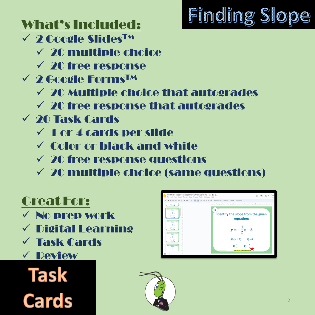 Slope Intercept Form Find Slope Algebra 1 Task Cards | Google Forms and ...
