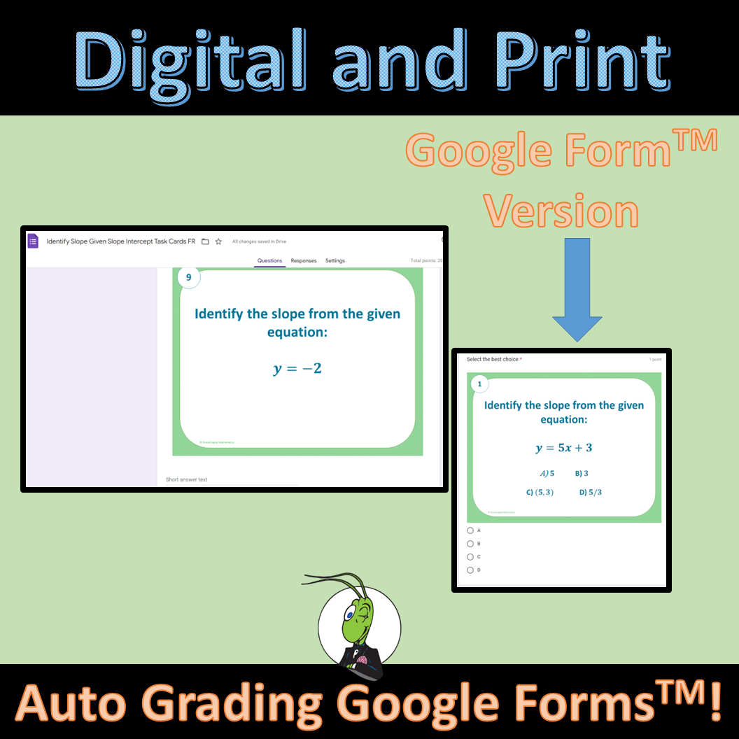 Slope Intercept Form Find Slope Algebra 1 Task Cards | Google Forms and ...