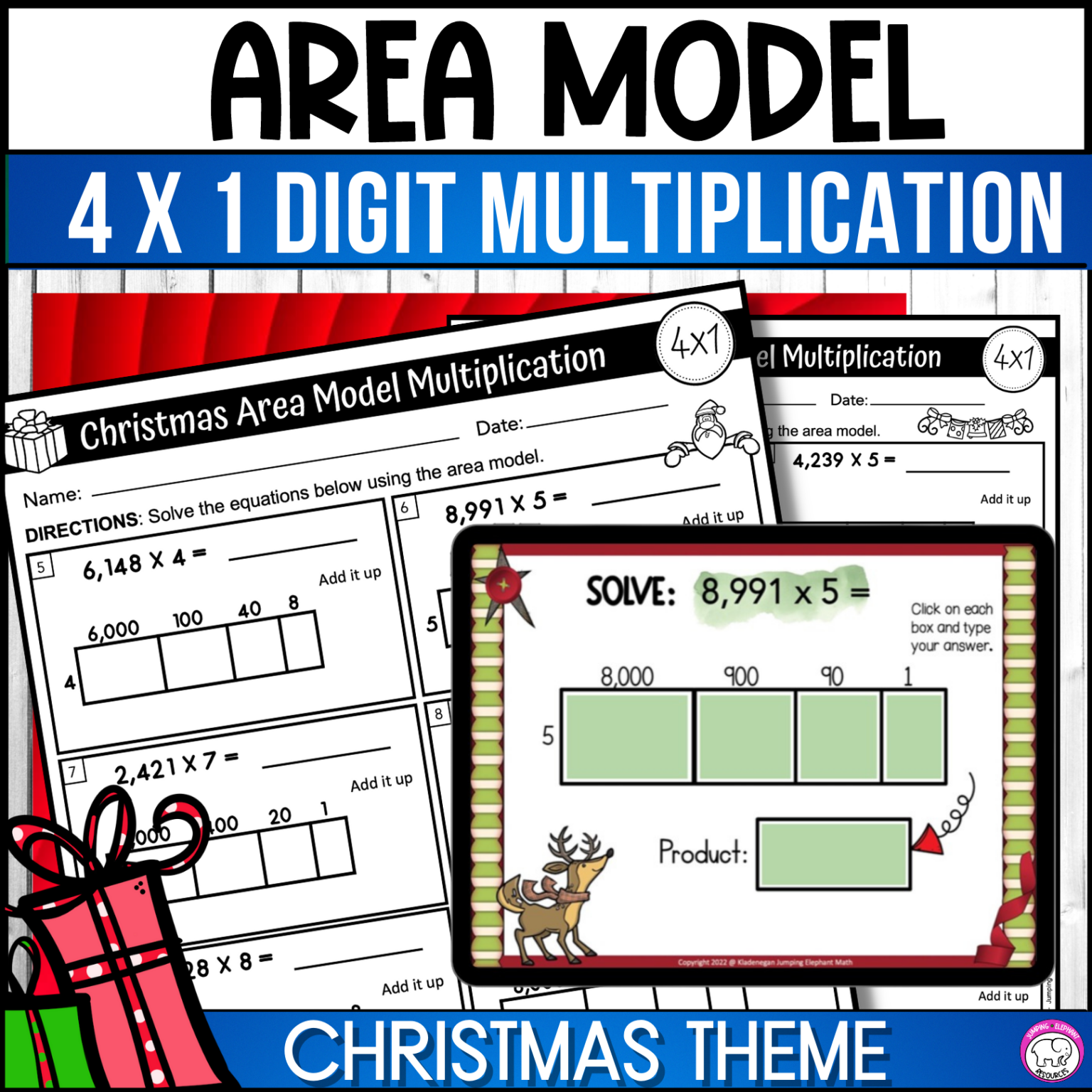 Christmas 4 Digit by 1 Digit Area Model Multiplication Google and ...