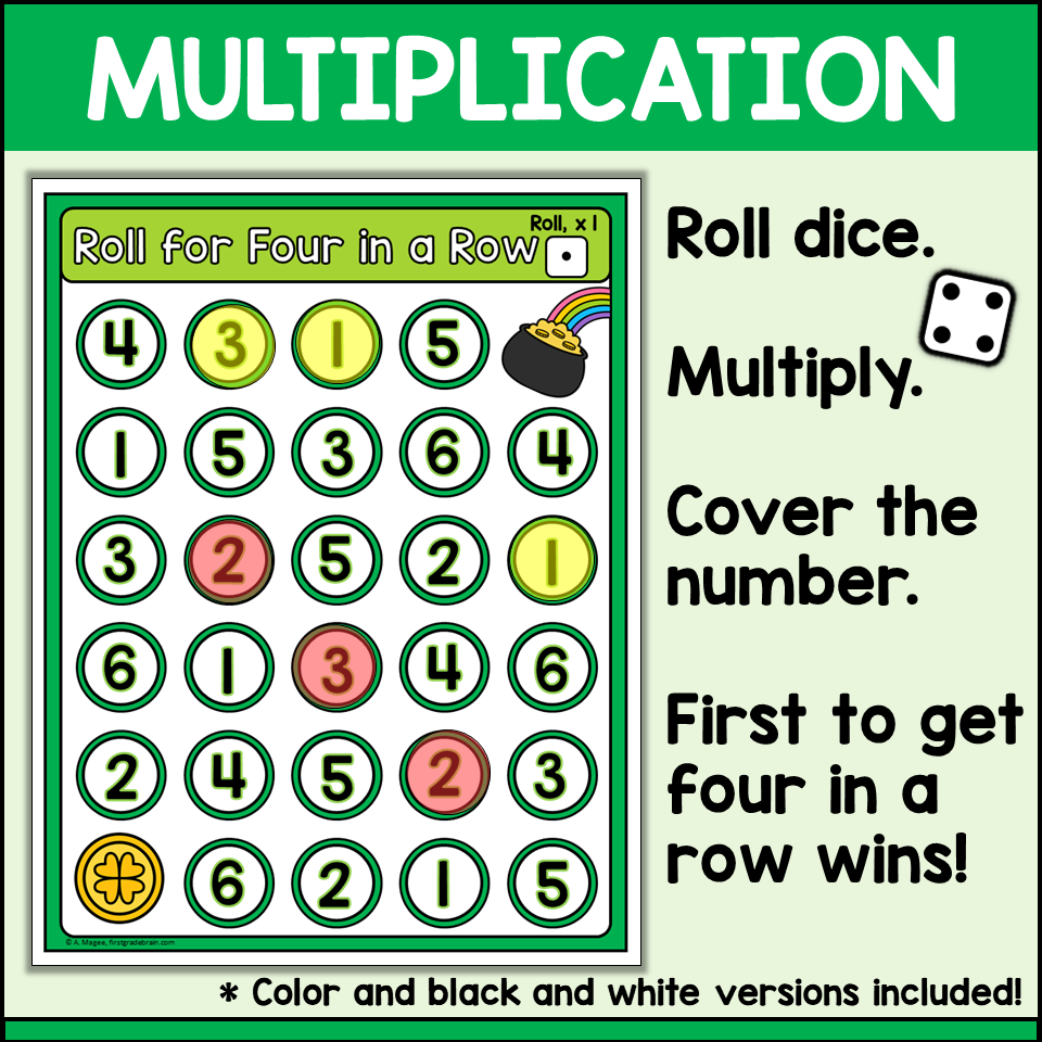 St. Patrick's Day March Math Activity Game Four in a Row Multiplication ...