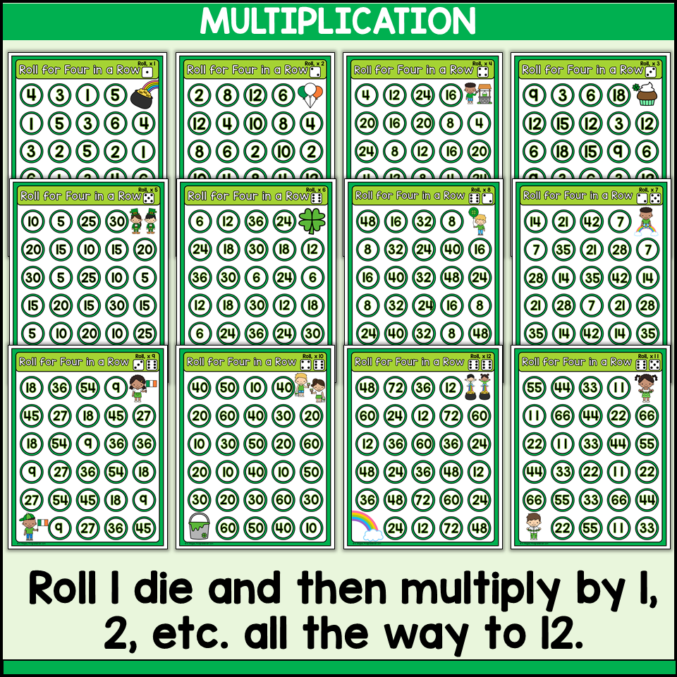 St. Patrick's Day March Math Activity Game Four in a Row Multiplication ...