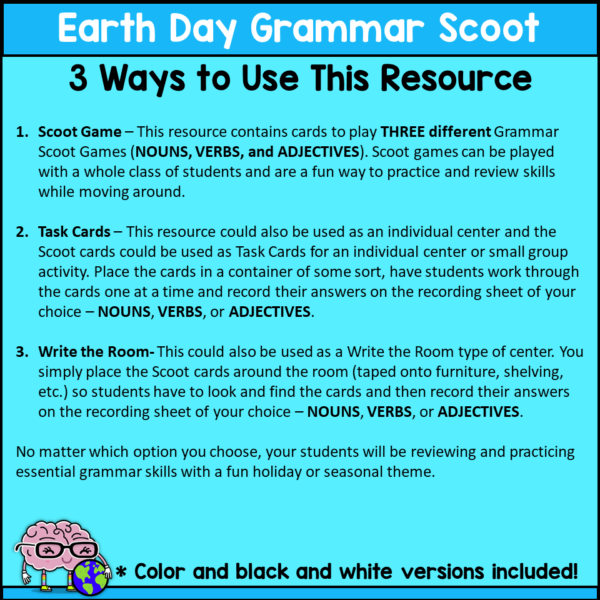 Earth Day Grammar Scoot Game Task Card Center Nouns Verbs and ...