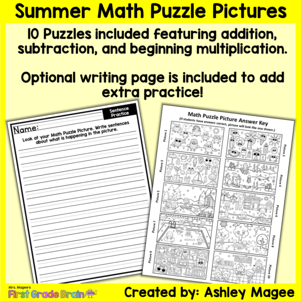 Summer Math Puzzle Pictures & Writing Activity: Addition, Subtraction ...
