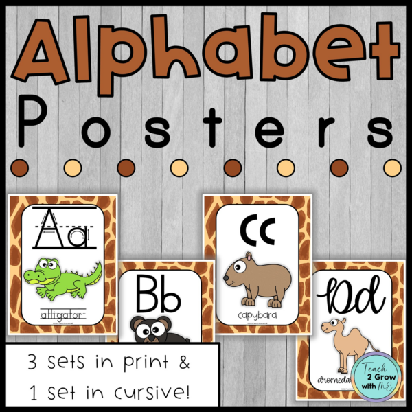 Alphabet Posters Zoo Animals A-Z with Giraffe Print Border Classroom ...