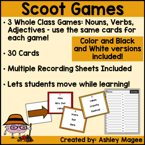 Fall Autumn Grammar Scoot Game Task Card Center Nouns Verbs and ...