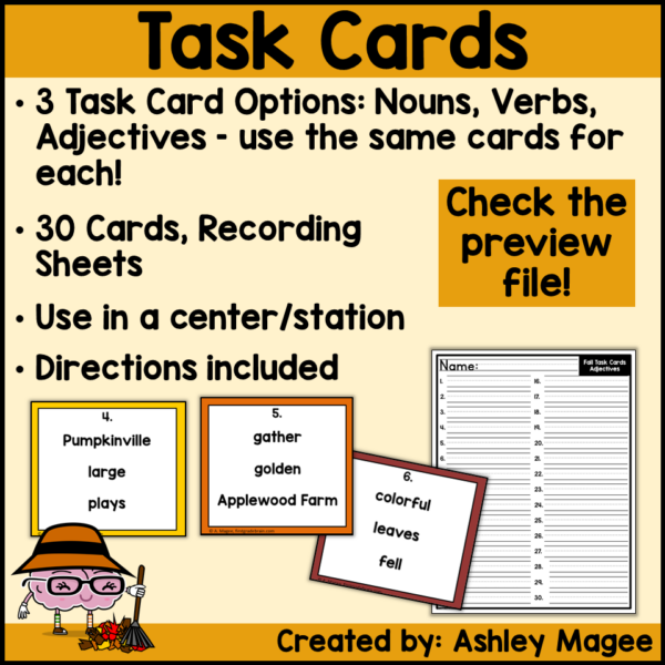 Fall Autumn Grammar Scoot Game Task Card Center Nouns Verbs and ...
