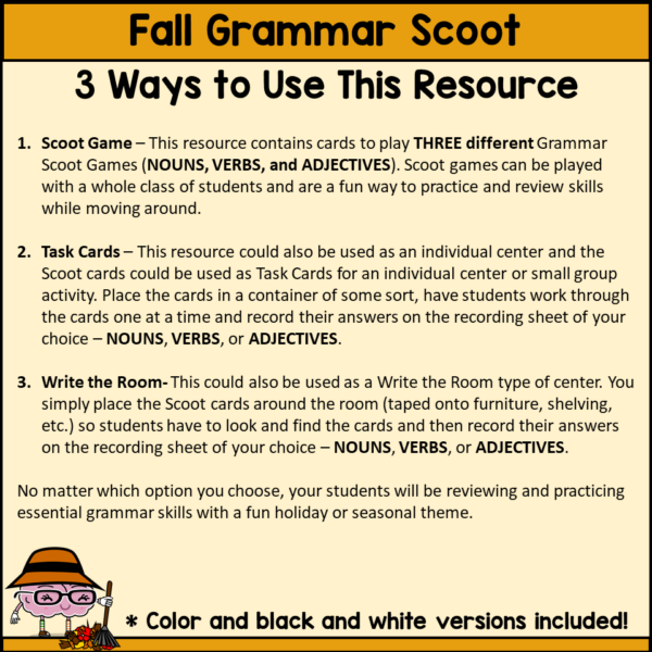 Fall Autumn Grammar Scoot Game Task Card Center Nouns Verbs and ...