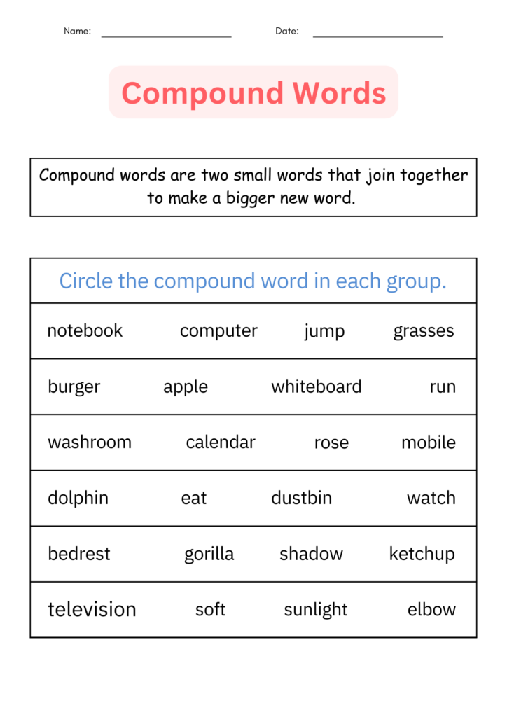 Printable Grammar Compound Words Worksheets and Activities for grade 1 ...
