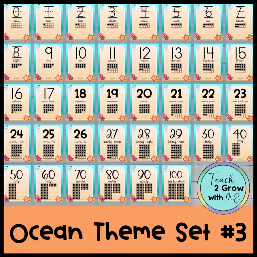 Number Posters 0-30, 40-100 by 10s Under the Sea Ocean Classroom Decor ...