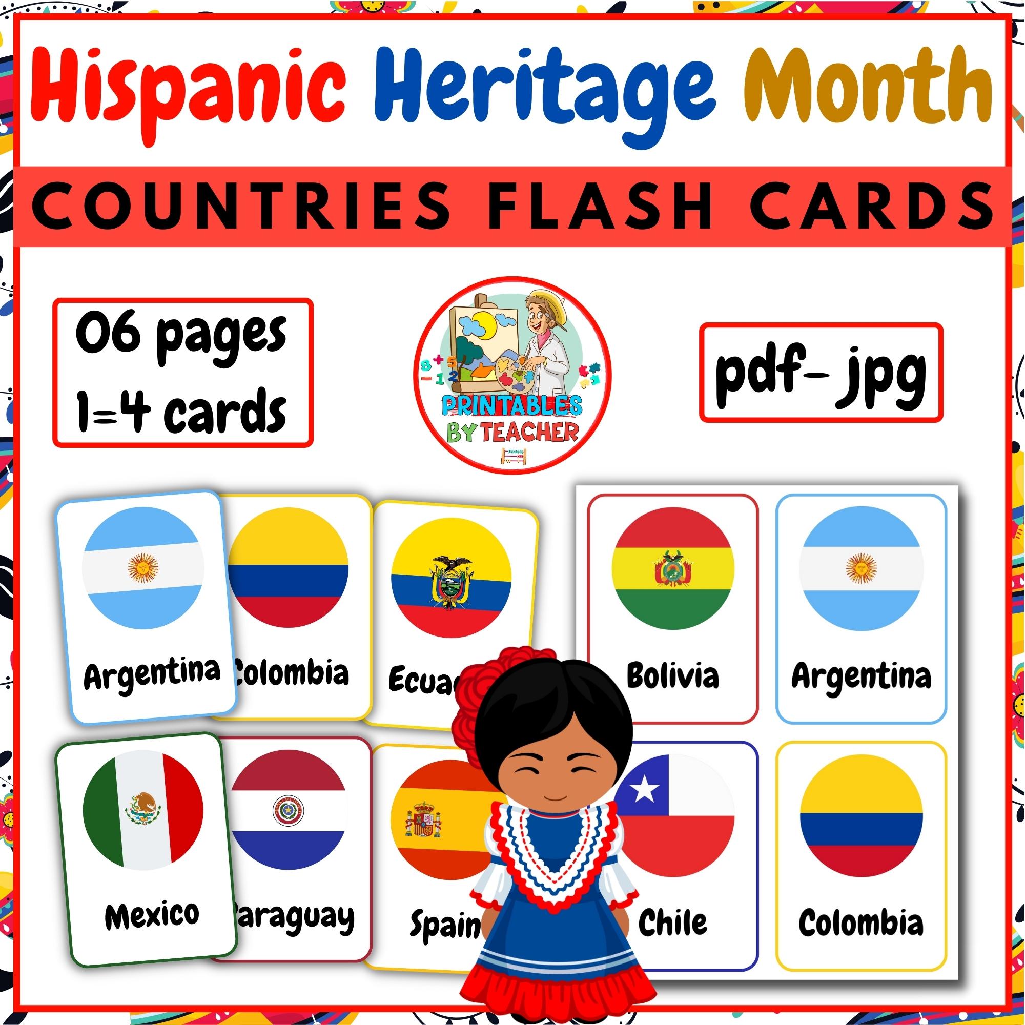 National Hispanic Heritage Month Flashcards | Hispanic Countries Flash ...