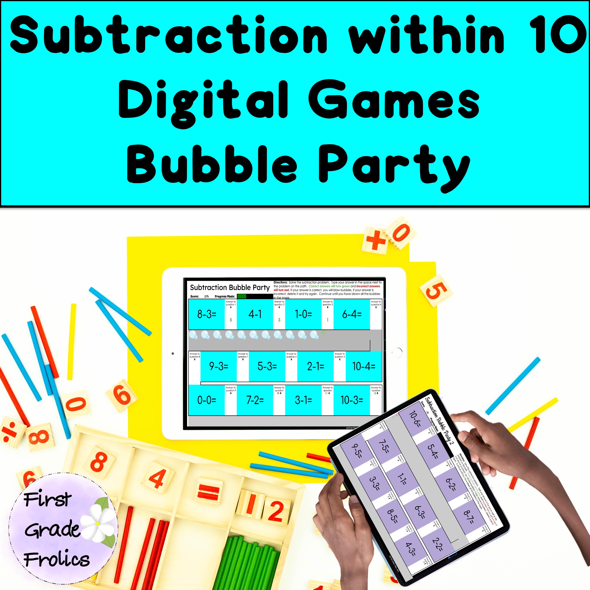 Subtraction within 10 Digital Games Bubble Party | Made By Teachers