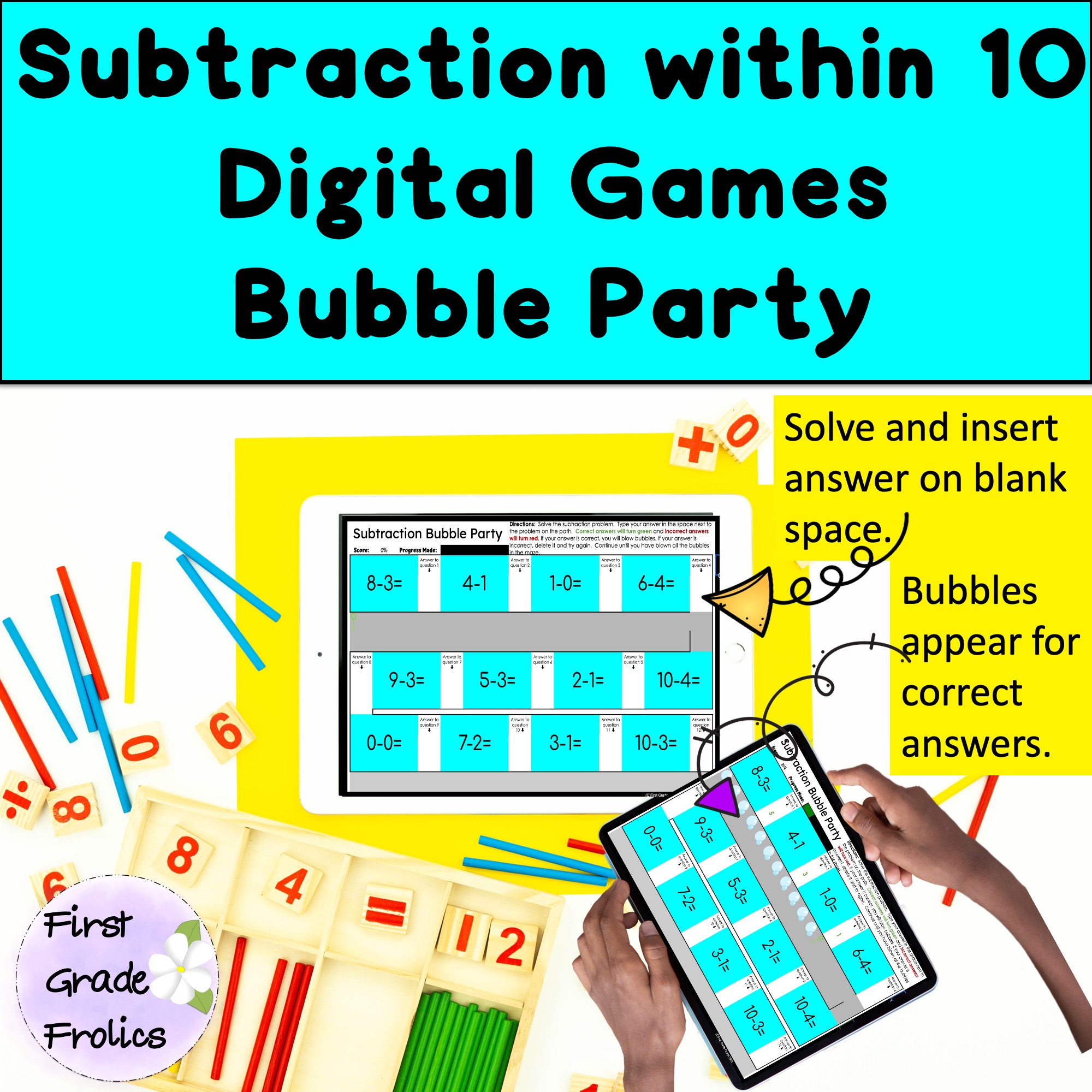 Subtraction within 10 Digital Games Bubble Party | Made By Teachers