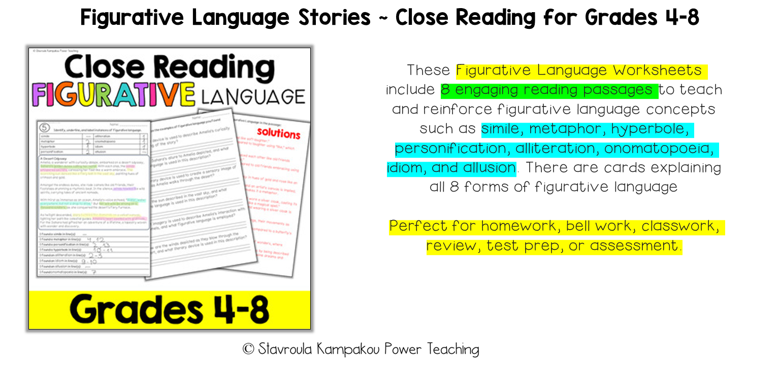Figurative Language Worksheets Posters ~ Close Reading for Grades 4-8 ...