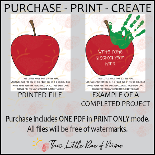 Little Apple - first day of school – handprint art - printable ...