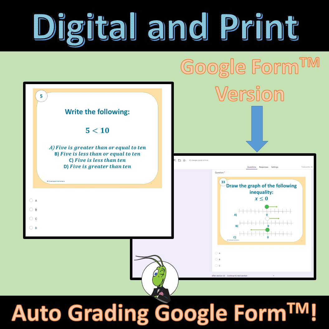Writing and Graphing Inequalities Algebra 1 Task Cards Google Form and ...