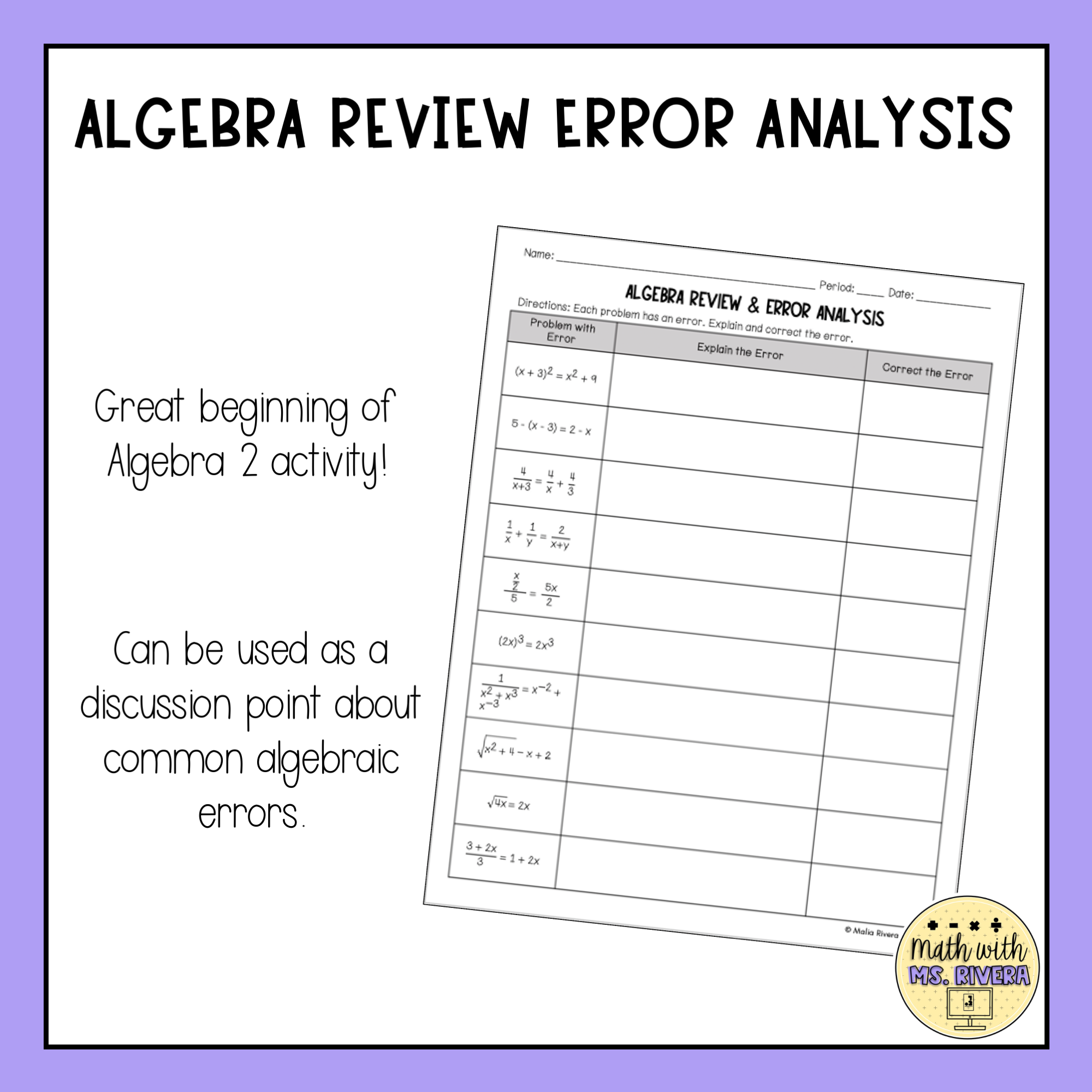 Algebra Review Error Analysis Worksheet | Made By Teachers