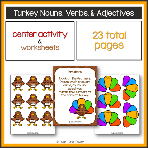 Thanksgiving Turkey Nouns, Verbs, & Adjectives: Parts of Speech Center ...
