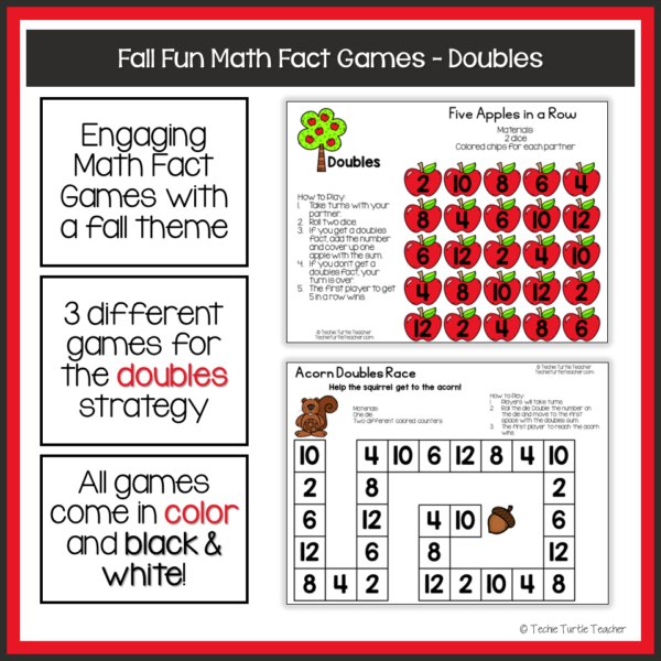 Addition Doubles Strategy Fall Fun Themed Math Fact Games: Partner ...
