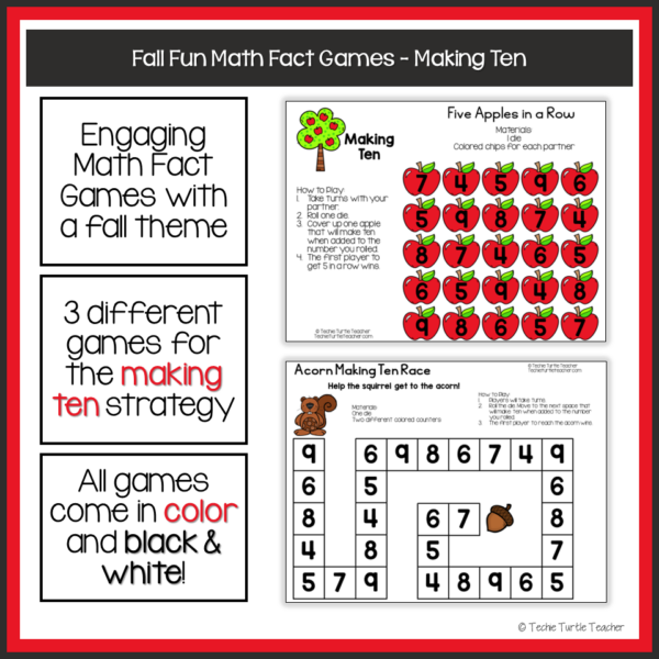 Addition Making Ten Strategy Fall Fun Themed Math Fact Games: Partner ...