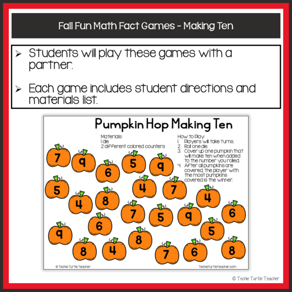 Addition Making Ten Strategy Fall Fun Themed Math Fact Games: Partner ...