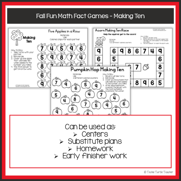 Addition Making Ten Strategy Fall Fun Themed Math Fact Games: Partner ...