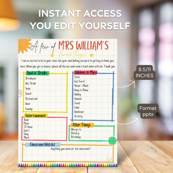 Editable Colorful Teacher Favorites Questionnaire, Back to school ...