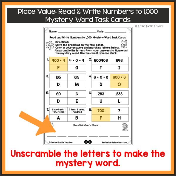 Place Value Mystery Word Task Card Activity - Read & Write Numbers - 8 ...