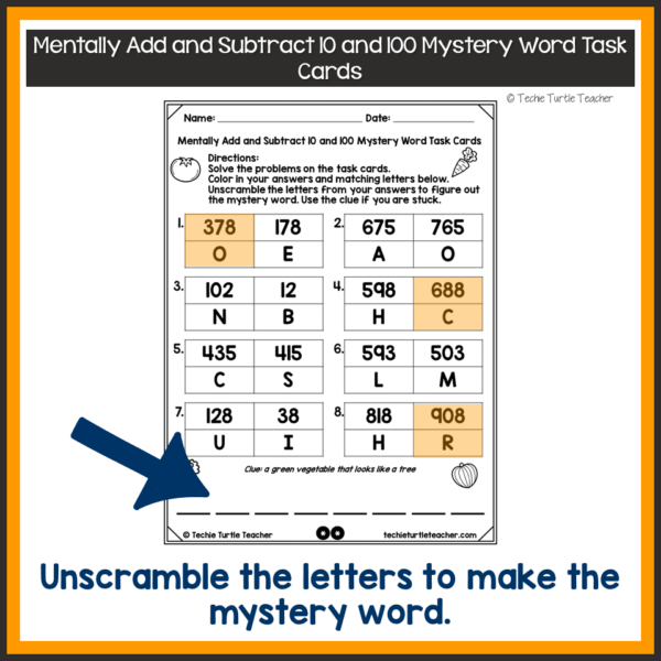 Mentally Add & Subtract 10 and 100 Mystery Word Task Card Activity - 8 ...