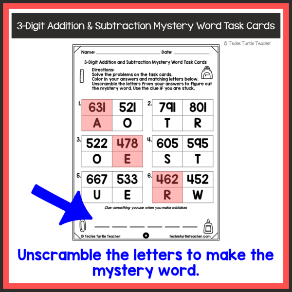 3-Digit Addition & Subtraction Mystery Word Task Card Activity - 6 ...