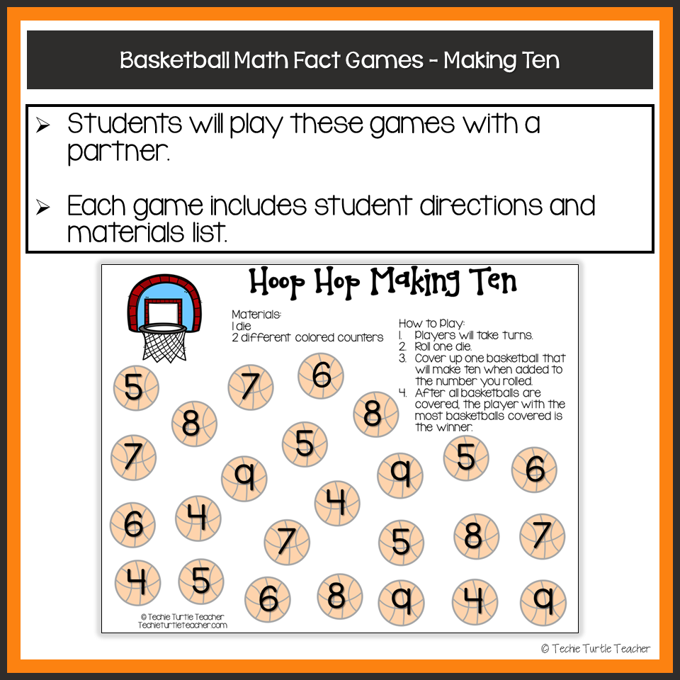 Addition Making Ten Strategy Basketball Themed Math Fact Games: Partner ...