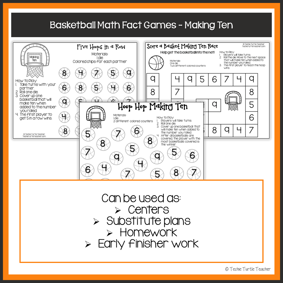 Addition Making Ten Strategy Basketball Themed Math Fact Games: Partner ...