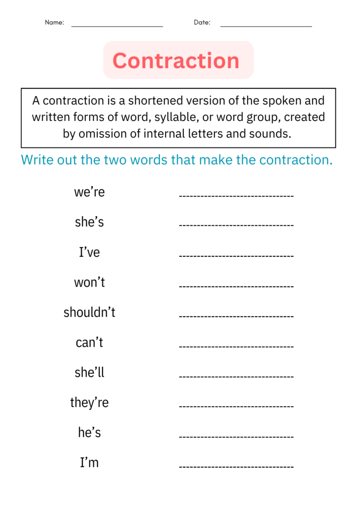 Contractions Worksheets Grammar Practice Review Pages Activities ...