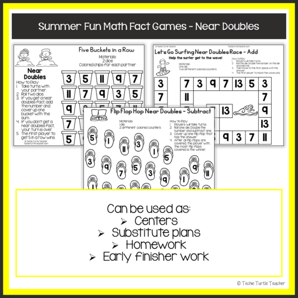 Addition Near Doubles Strategy Summer Fun Theme Math Fact Games ...