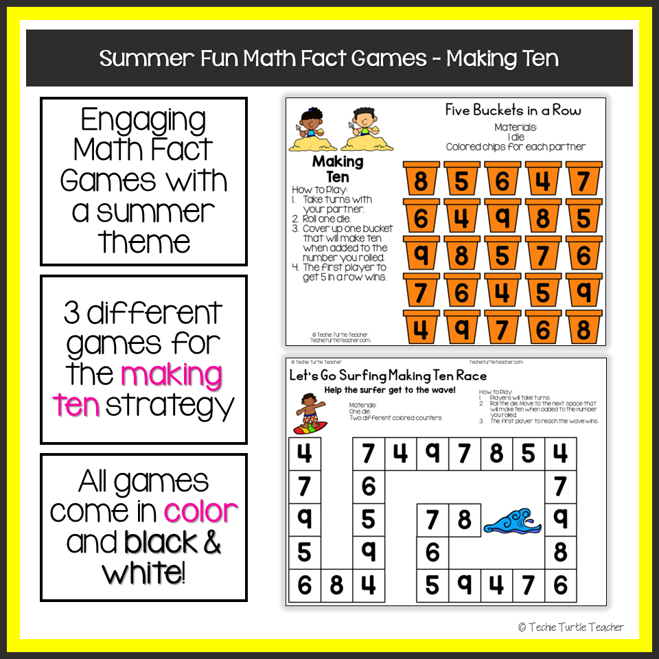 Addition Making Ten Strategy Summer Fun Themed Math Fact Games: Partner ...