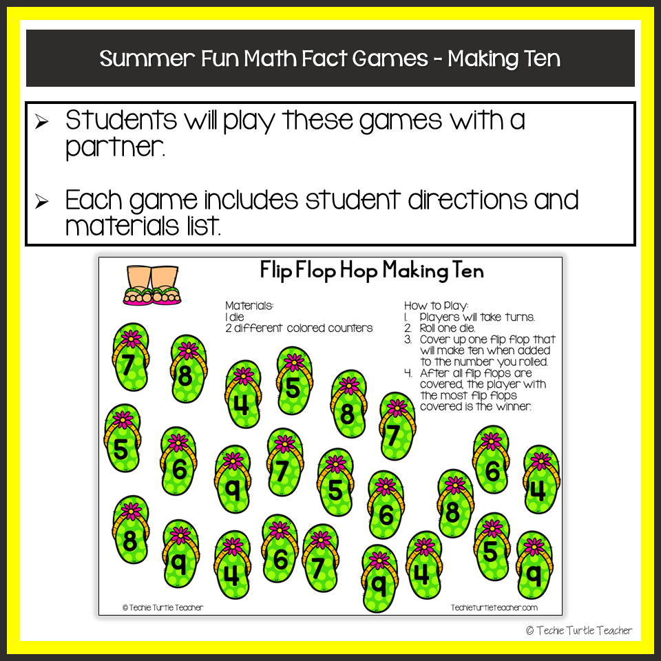 Addition Making Ten Strategy Summer Fun Themed Math Fact Games: Partner ...