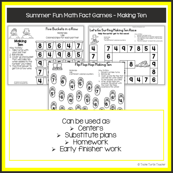Addition Making Ten Strategy Summer Fun Themed Math Fact Games: Partner ...