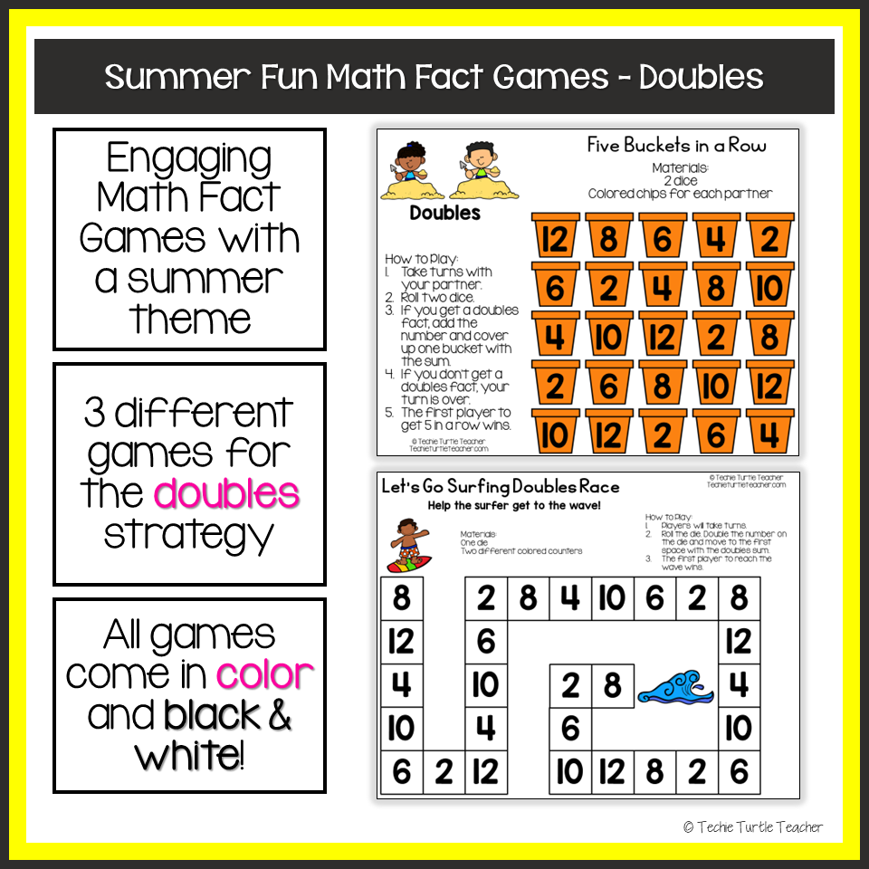 Addition Doubles Strategy Summer Fun Themed Math Fact Games: Partner ...