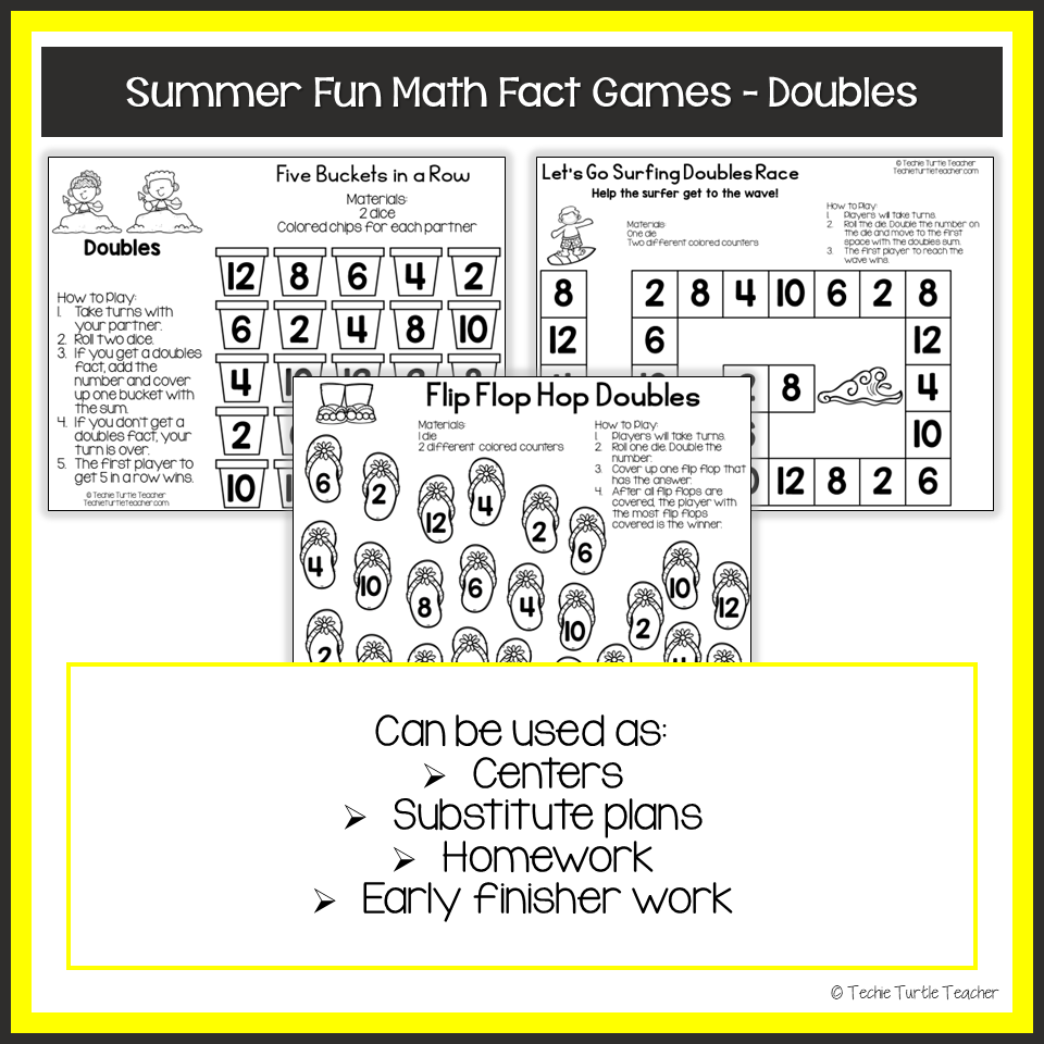 Addition Doubles Strategy Summer Fun Themed Math Fact Games: Partner ...