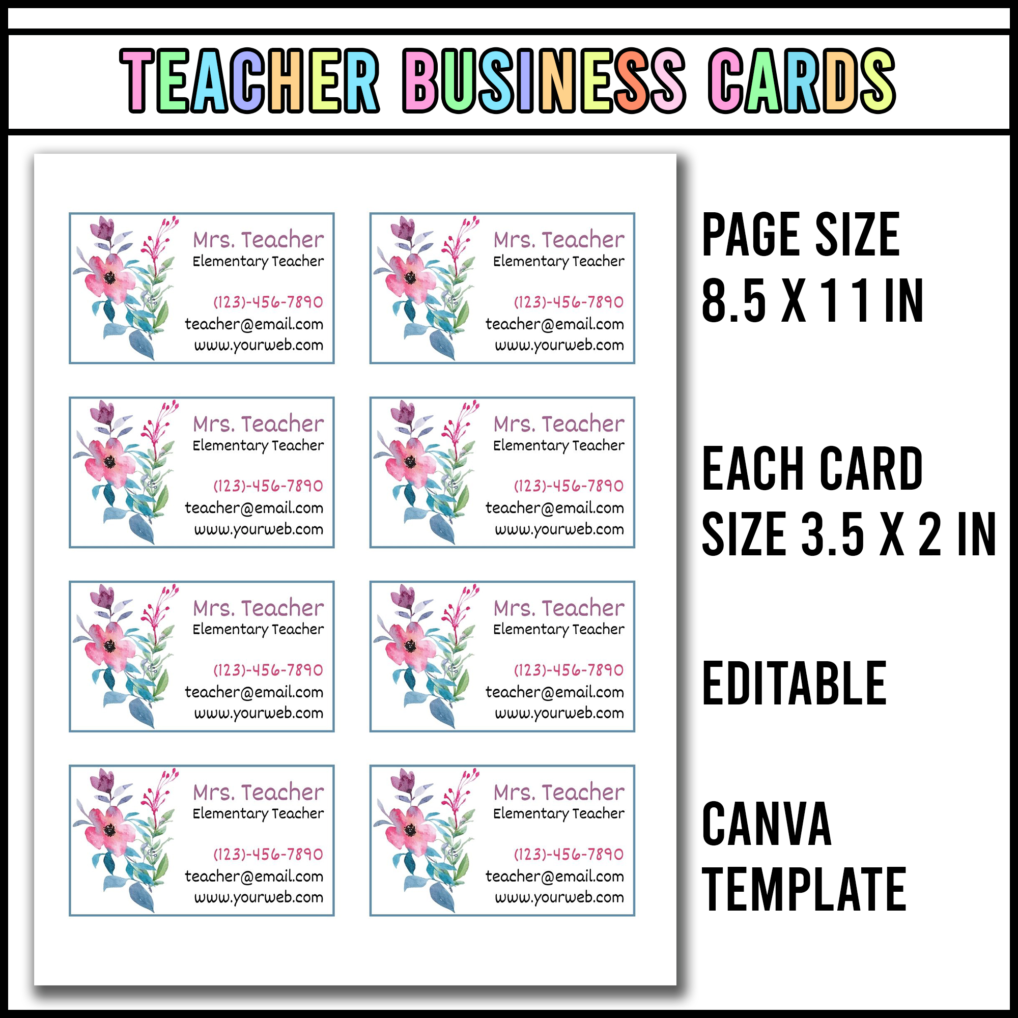 Editable Floral teacher business or contact info card | Made By Teachers